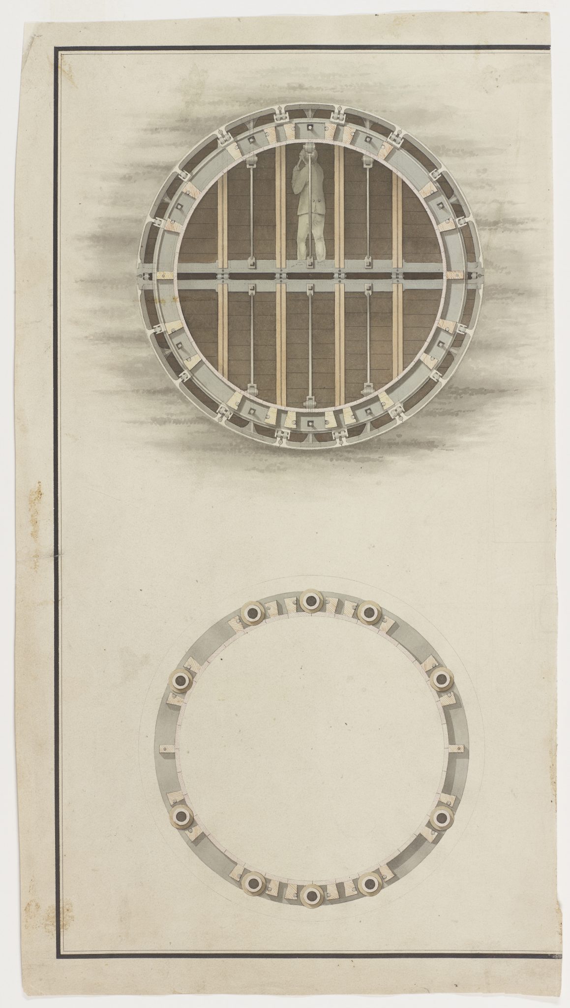 Two watercolour views of a cylindrical tunnelling shield - Brunel Museum