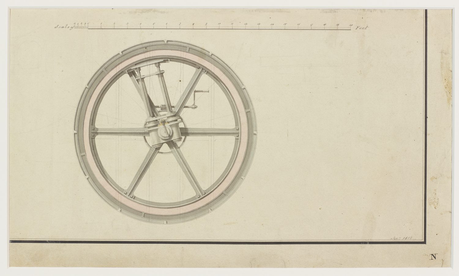 Watercolour of a cylindrical tunnelling shield - Brunel Museum