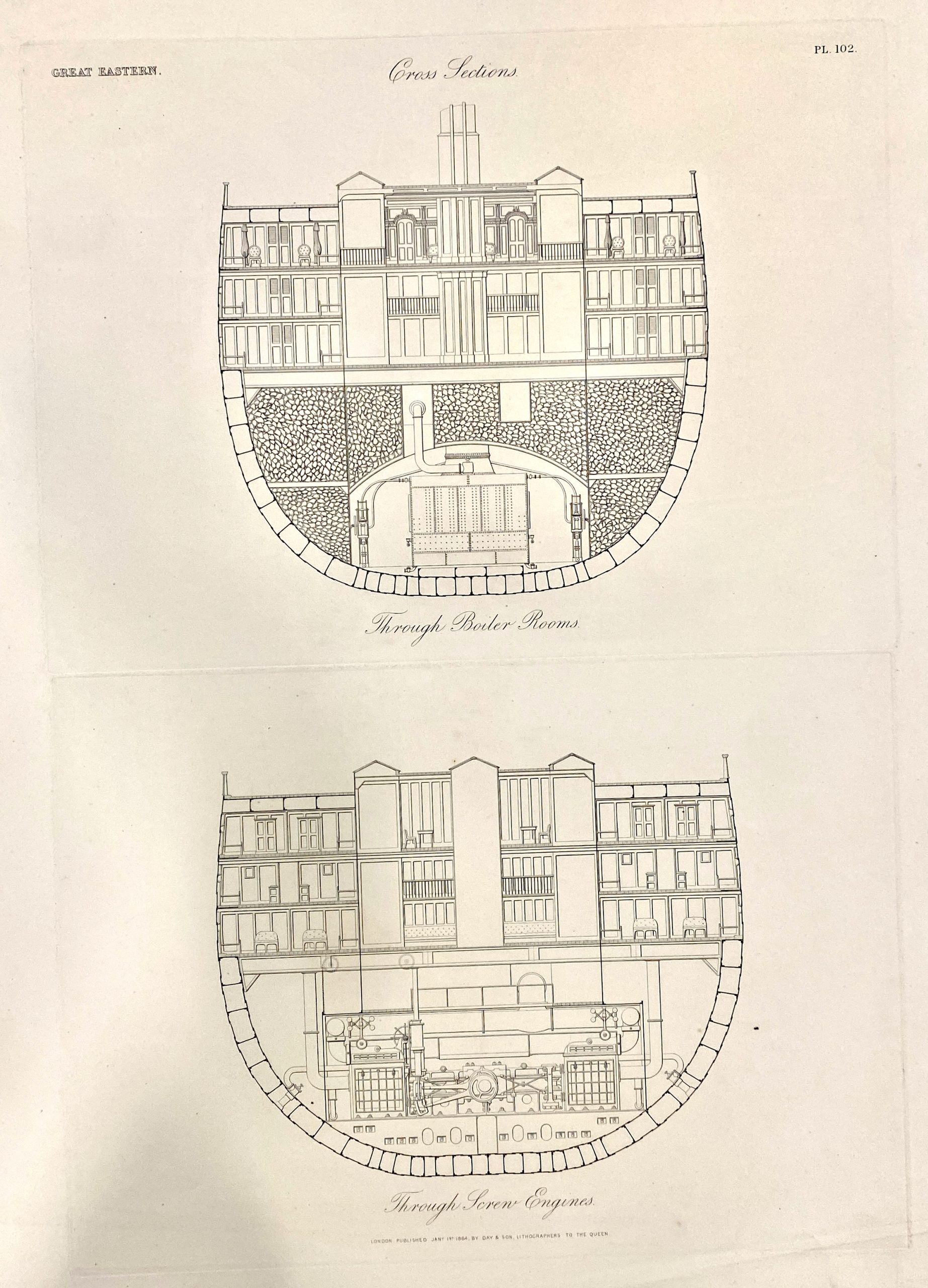 SS Great Eastern Cross-Sections through Boiler Rooms and Screw Engines ...